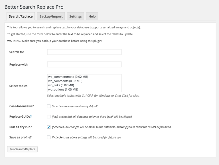 Running a search and replace - Better Search Replace